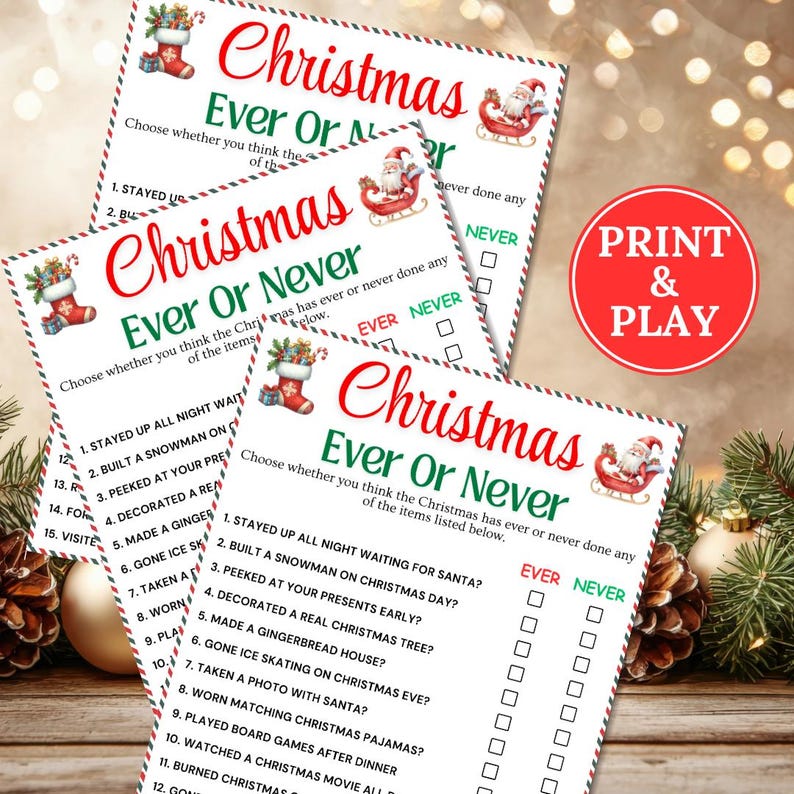 Christmas Never or Ever Game, Christmas Party Game, Printable Family ...