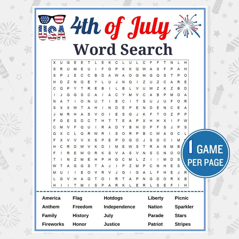 4th of July Word Search, Printable 4th of July Games, Word Find Game ...