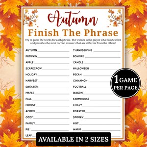 Fall Finish the Phrase Game, Printable Autumn Party Games, Fun Fall ...