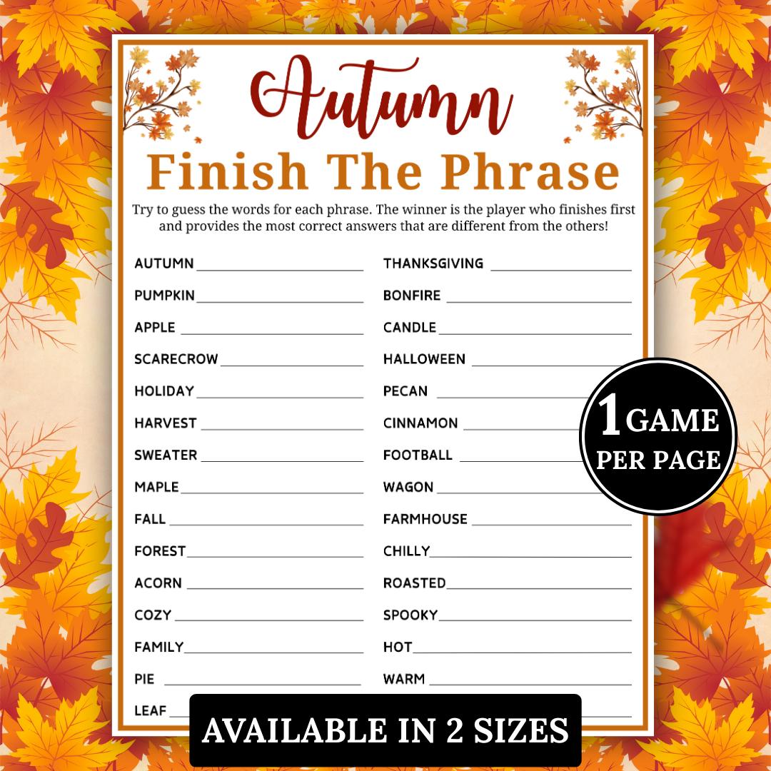 Fall Finish the Phrase Game, Printable Autumn Party Games, Fun Fall ...