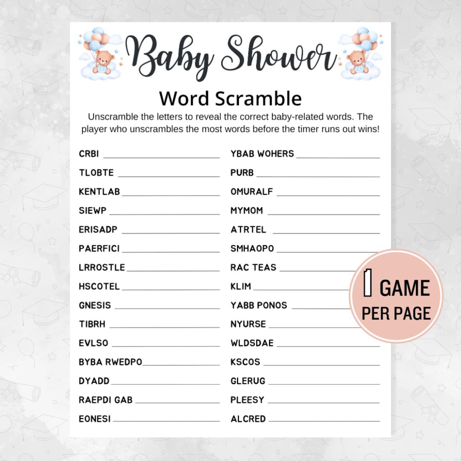 Baby Shower Word Scramble Game, Printable Baby Shower Games, Word ...