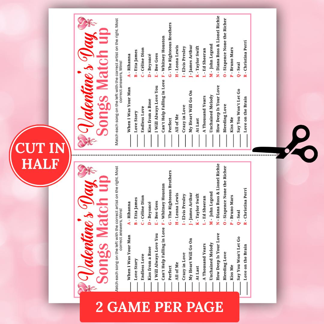Valentine's Day Love Song Match-up, Valentines Match Game, Valentines ...