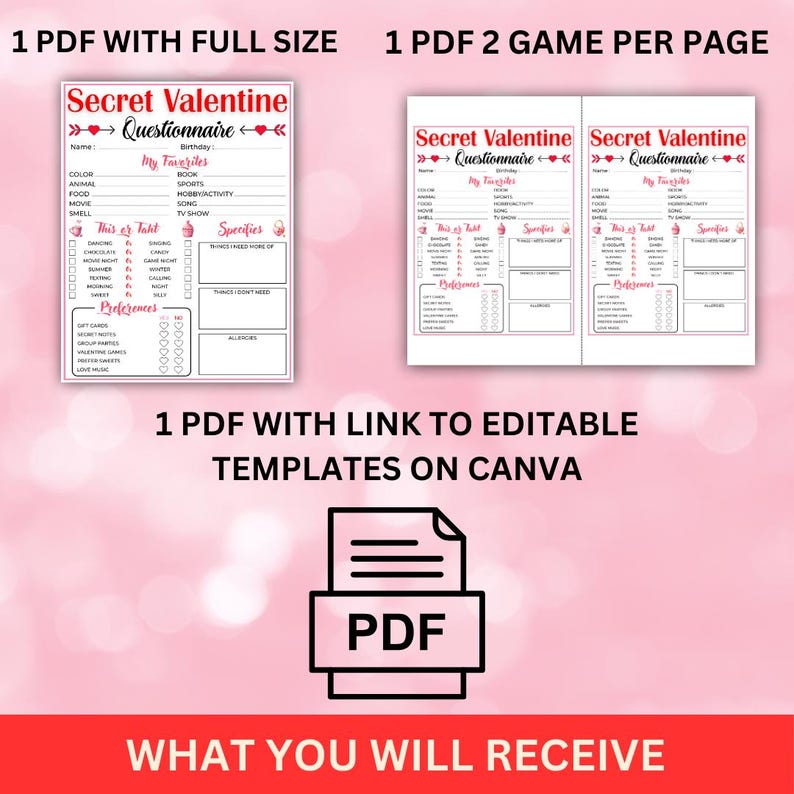 Secret Valentine Questionnaire, Printable Secret Valentine Gift ...