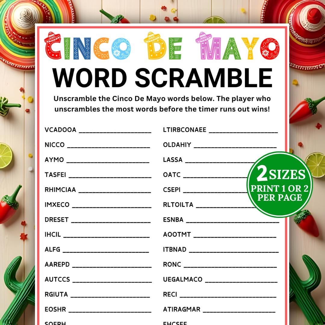 Cinco De Mayo Word Scramble, Fiesta Party Games, Cinco De Mayo Games ...