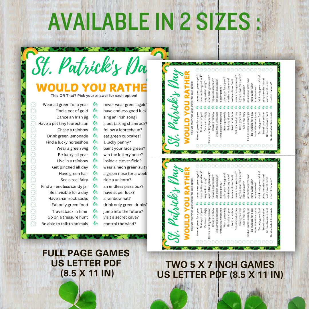 St Patrick's Day Would You Rather Game, Printable This or That Games ...