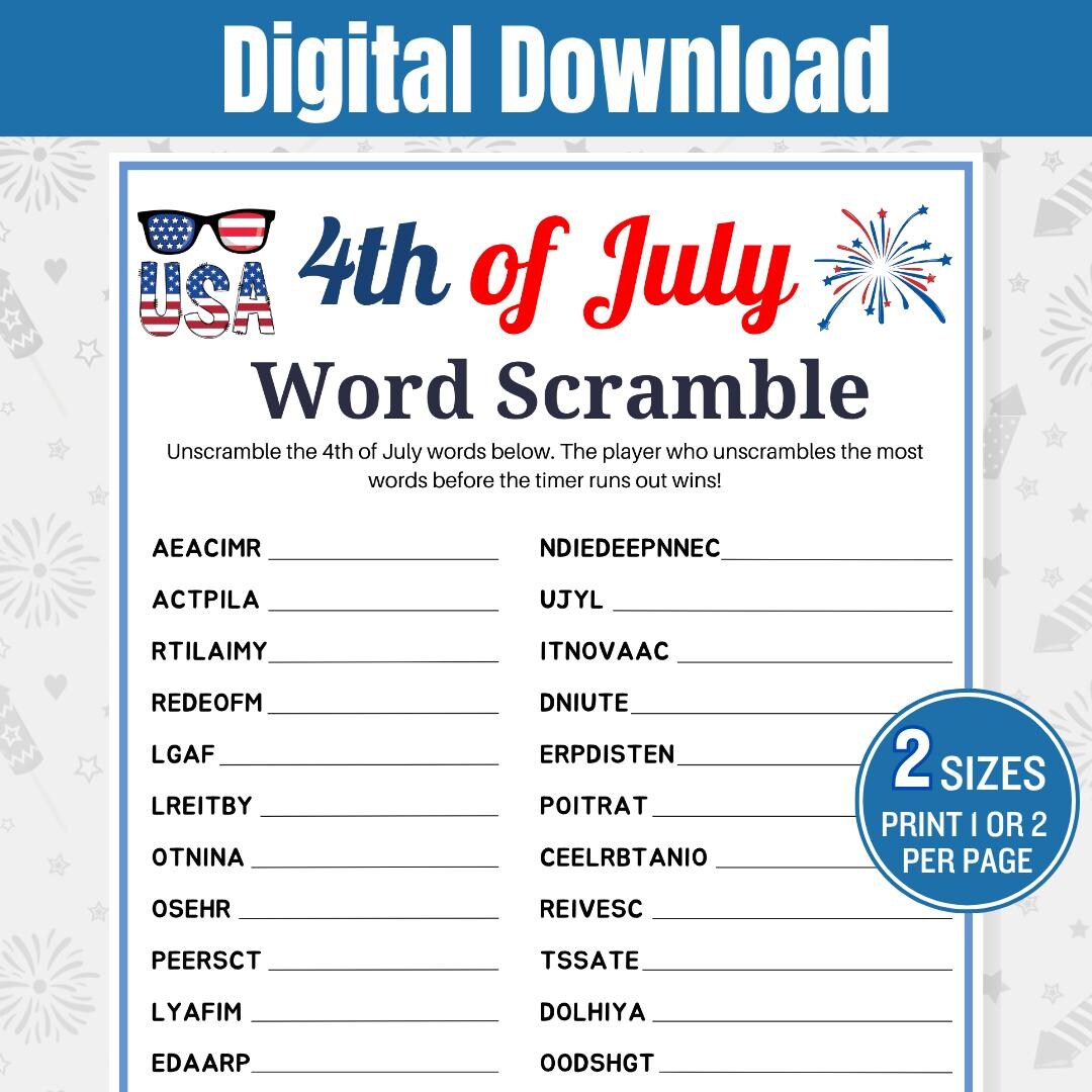 4th of July Word Scramble Game, Printable Fourth of July Game, Word ...