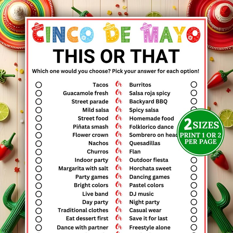 Cinco De Mayo This or That Game, Cinco De Mayo Party Game, Fiesta Games ...
