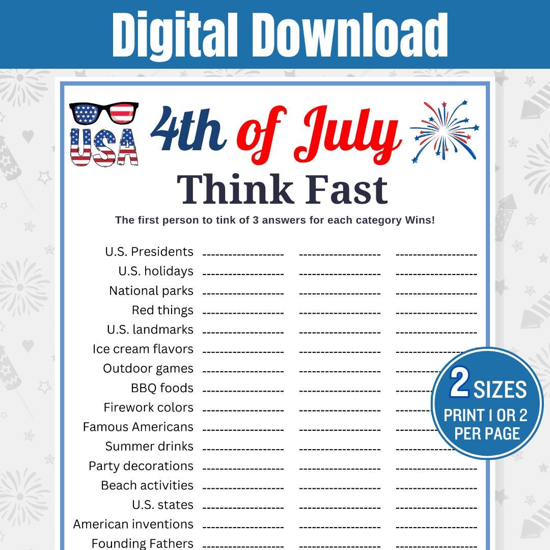 4th of July Think Fast Game, 4th of July Games, Think Quick Game,party ...
