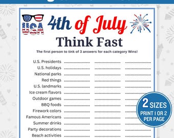 4th of July Think Fast Game, 4th of July Games, Think Quick Game,party ...