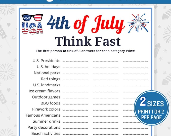 4th of July Think Fast Game, 4th of July Games, Think Quick Game,party ...
