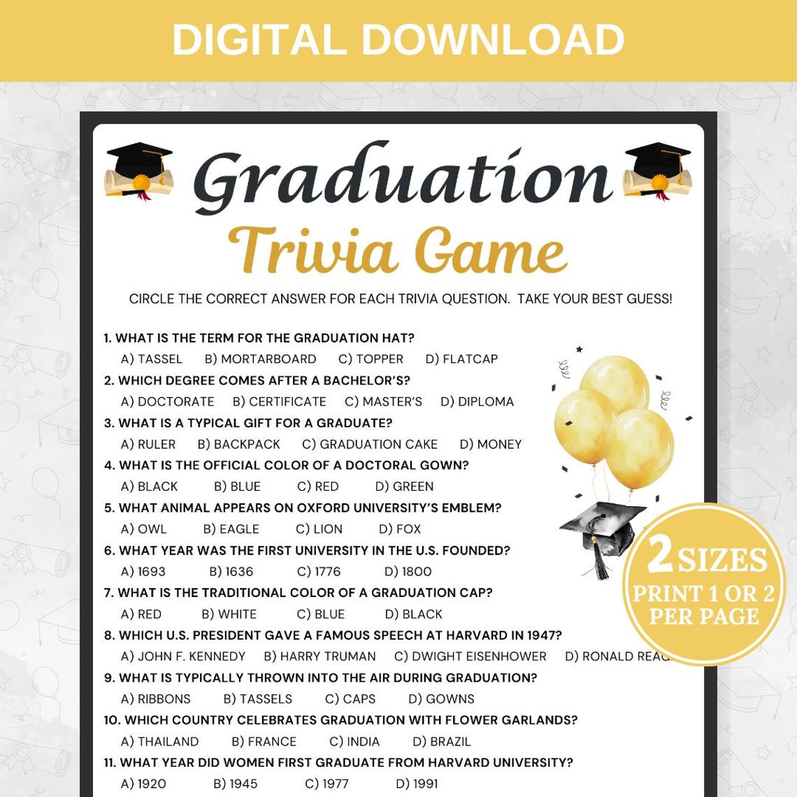 Graduation Trivia Game, Graduation Quiz Game, Printable Grad Party ...