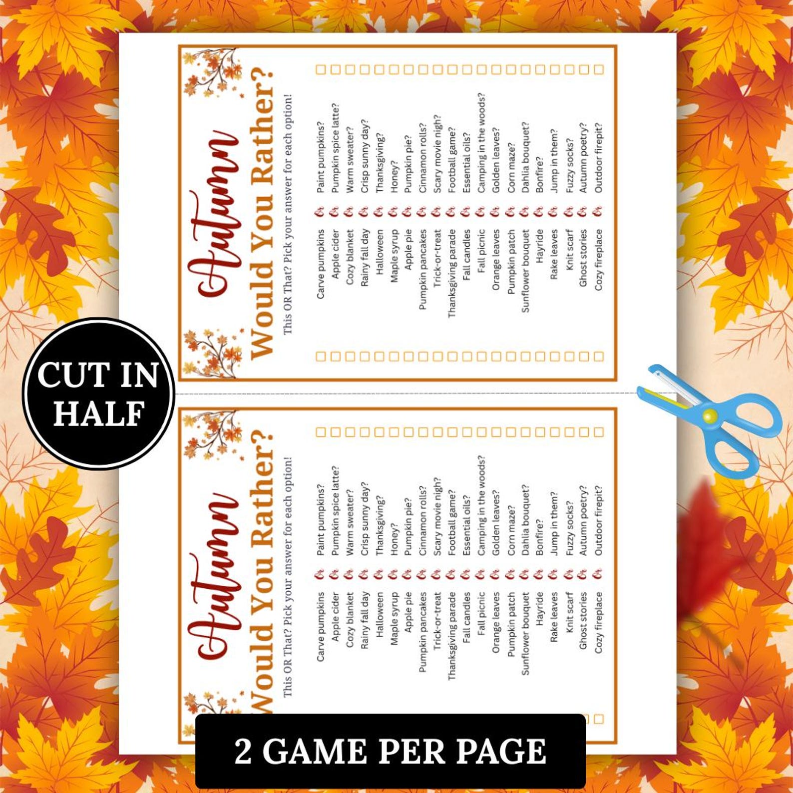 Fall This or That Game, Printable Would You Rather Game, Autumn Games ...