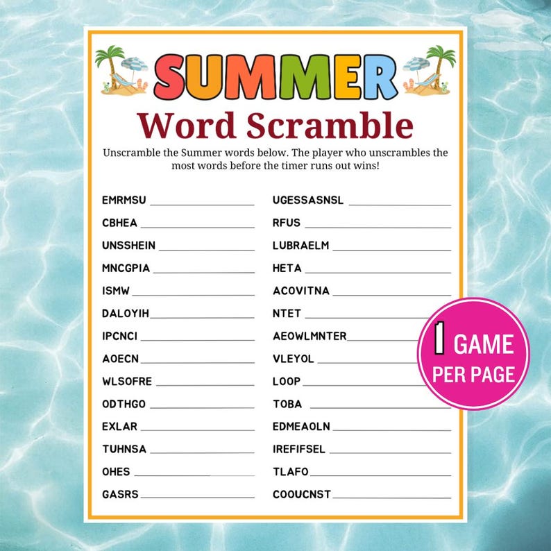 Summer Word Scramble Game, Printable Summertime Games, Word Unscramble ...