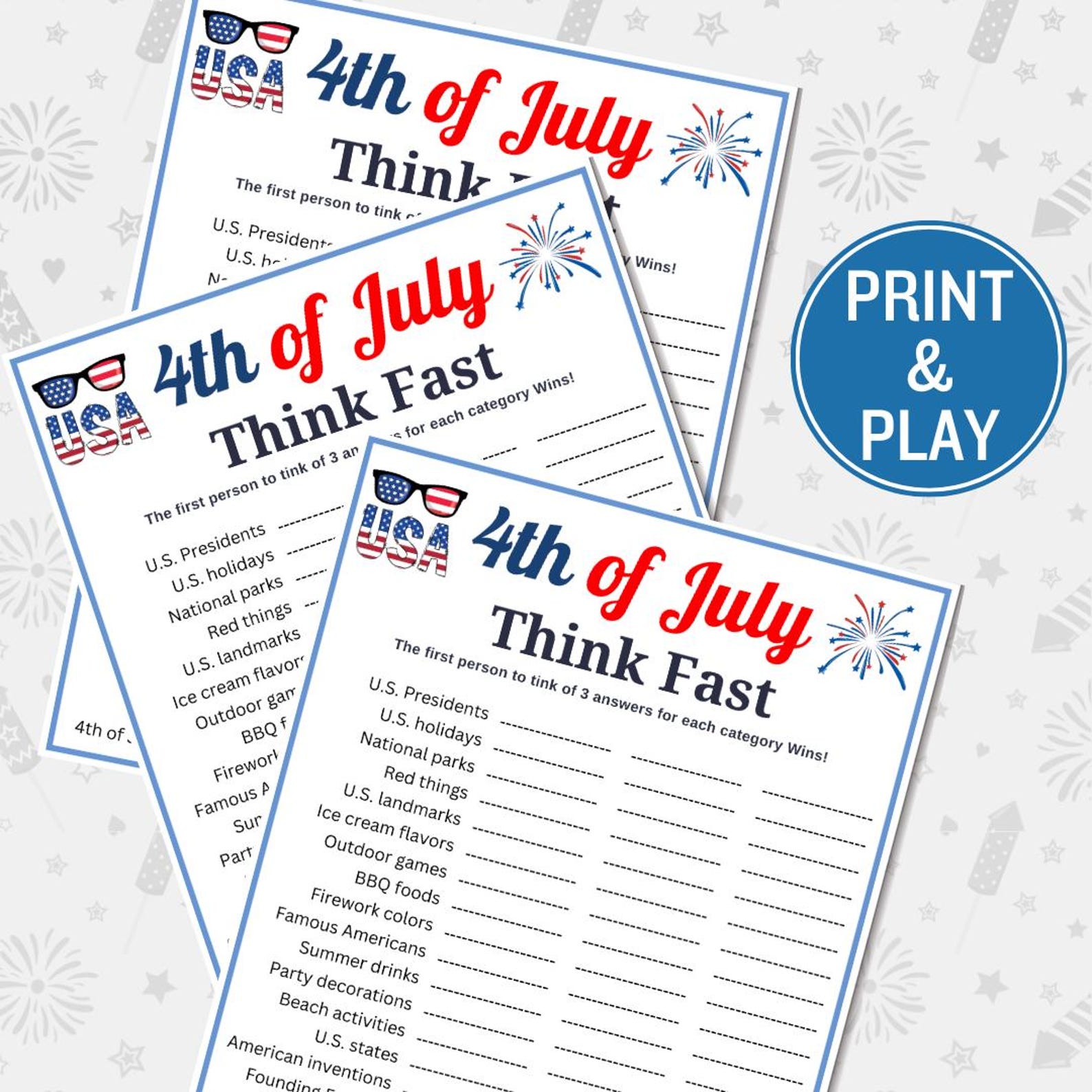 4th of July Think Fast Game, 4th of July Games, Think Quick Game,party ...
