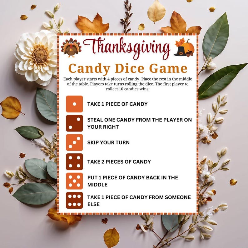 Thanksgiving Candy Dice Game, Thanksgiving Party Game Printable, Candy ...
