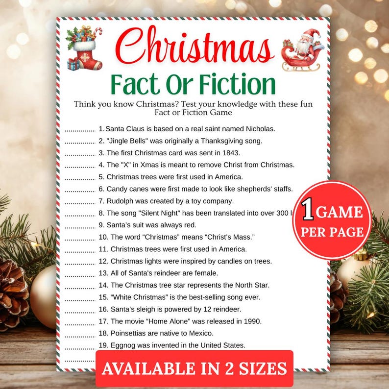 Christmas Fact or Fiction Game, Christmas Party Game, True or False ...