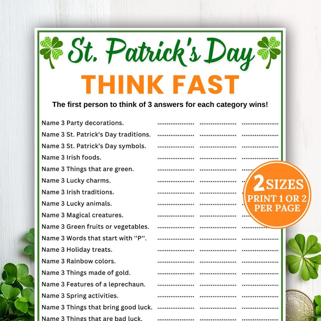 St. Patrick's Day Think Fast Game, Think Quick, St. Patty's Trivia, St ...
