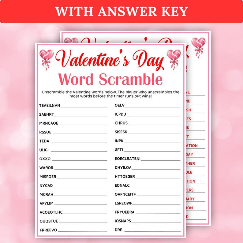 Valentine's Day Word Scramble Game, Printable Valentine Game, Word ...