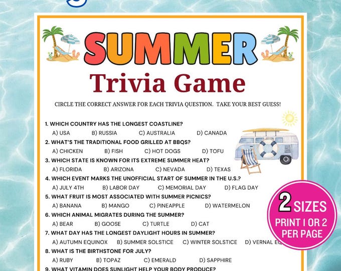 Summer Trivia Game, Summer Quiz Game, Printable Summer Activity Games ...