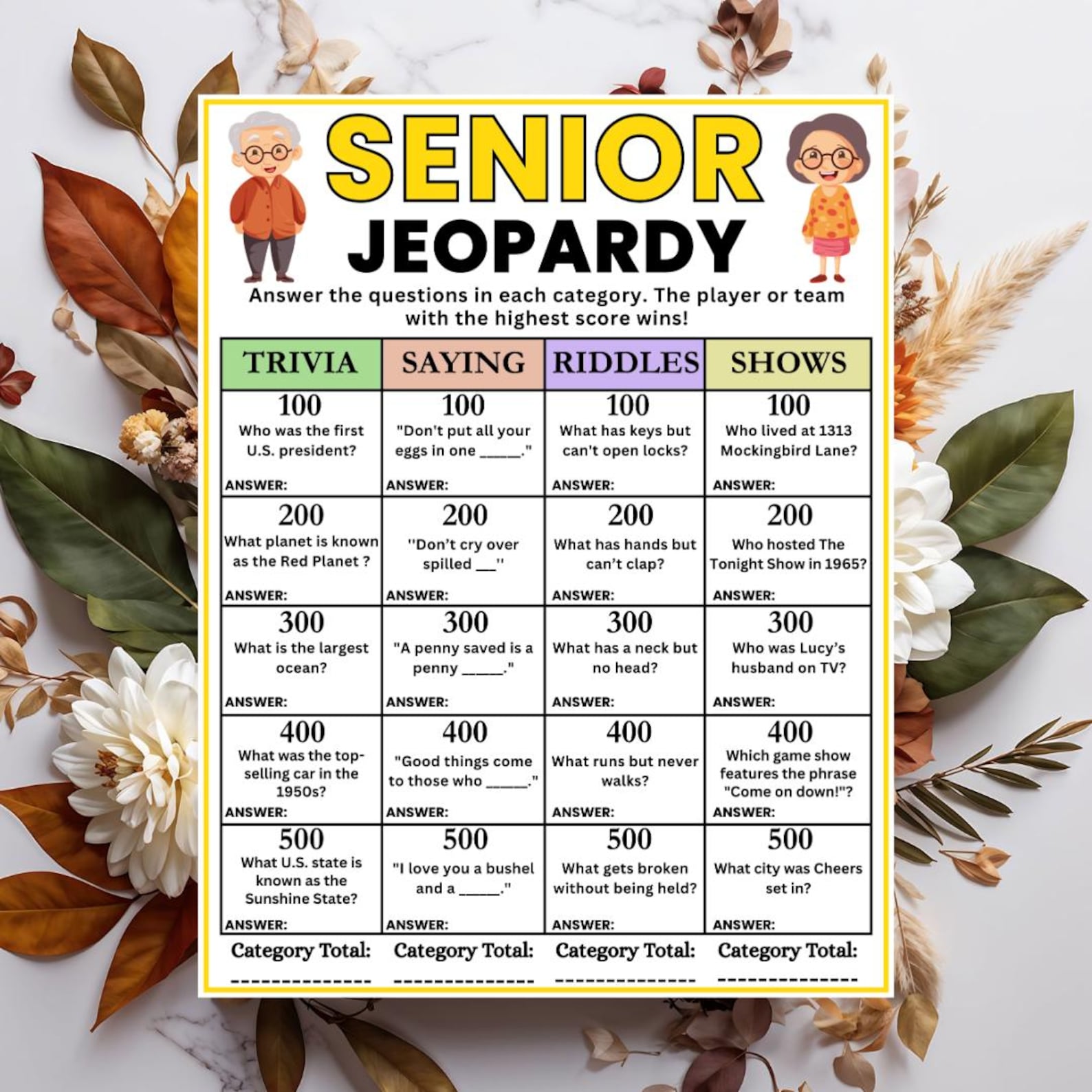 Senior Jeopardy Game, Games for Senior Citizens, Senior Activity ...