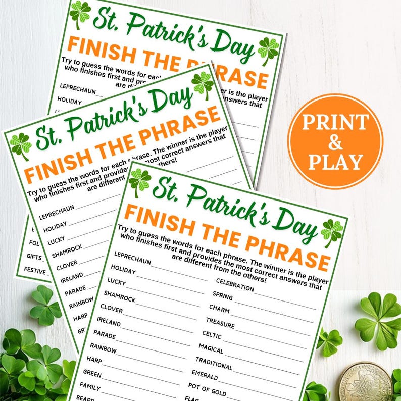St Patrick's Day Finish the Phrase Game, Printable Youth Group Games ...