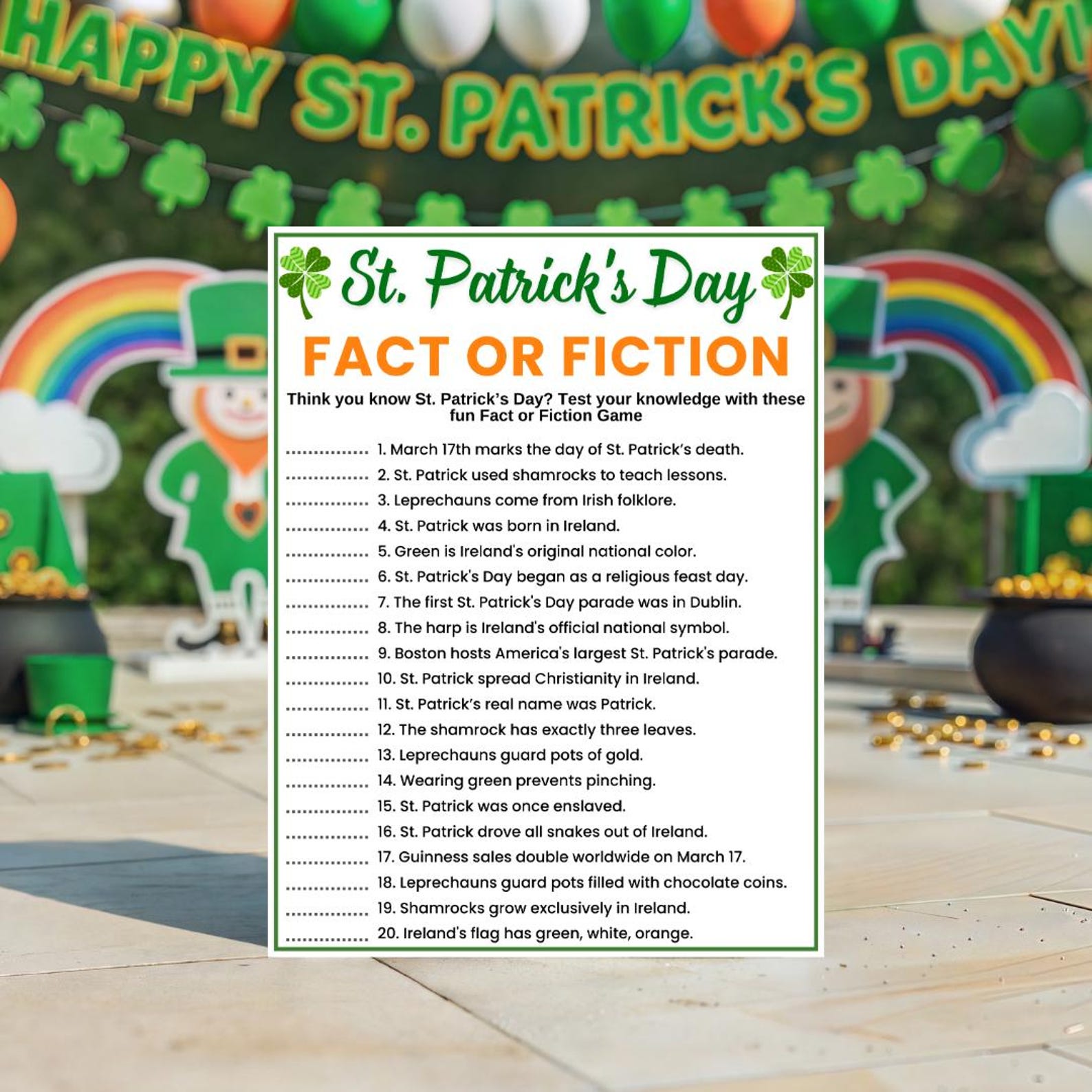 St Patrick’s Day Fact or Fiction Game, St Patrick's Trivia, True or ...