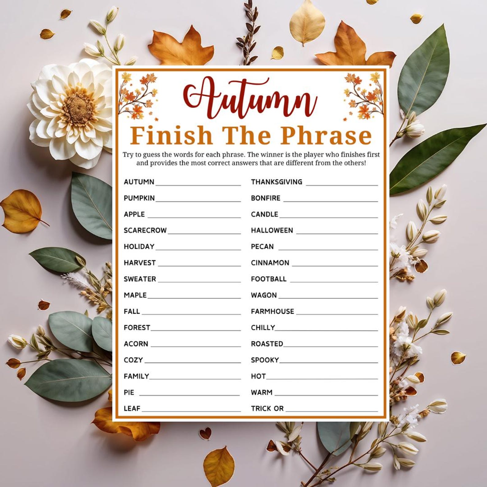 Fall Finish the Phrase Game, Printable Autumn Party Games, Fun Fall ...