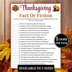 Thanksgiving Fact or Fiction Game, Party Game for Kids & Adults, True ...