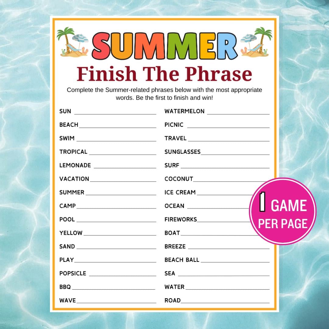 Sunmer Finish the Phrase Game, Summer Games, Summer Party Game ...