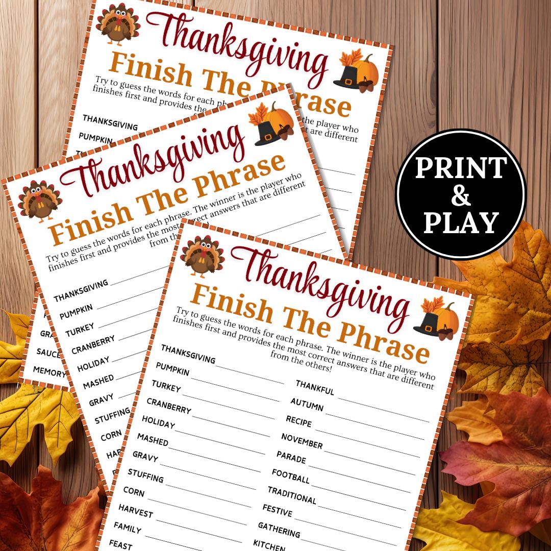 Thanksgiving Finish the Phrase Game, Printable Thanksgiving Party Games ...