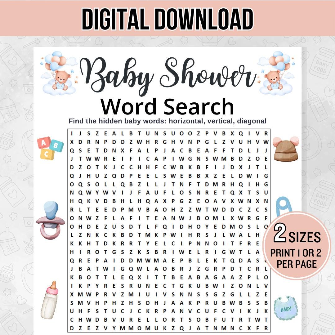 Baby Shower Word Search Game, Printable Baby Shower Games, Word Find ...