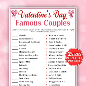 Match the Famous Couples Game, Valentine's Day Match-up Game, Holiday ...