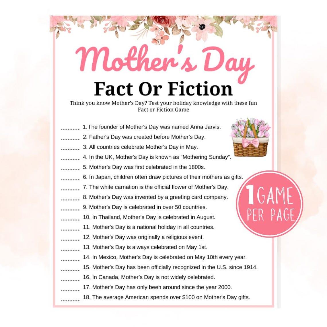 Mother's Day Trivia Game, Fact or Fiction Quiz, Mothers Day Games, Fun ...