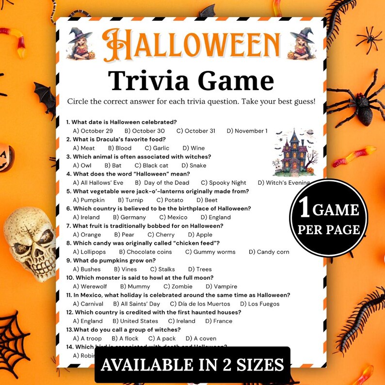 Halloween Trivia Game, Printable Halloween Games, Halloween Trivia Quiz ...