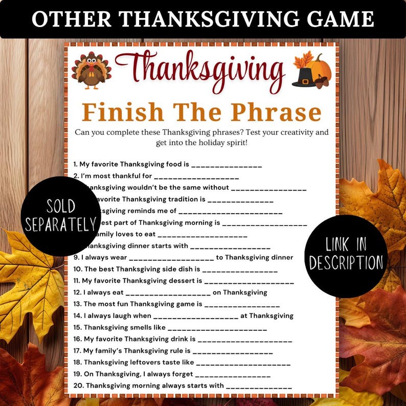Thanksgiving Finish the Phrase Game, Printable Thanksgiving Party Games ...