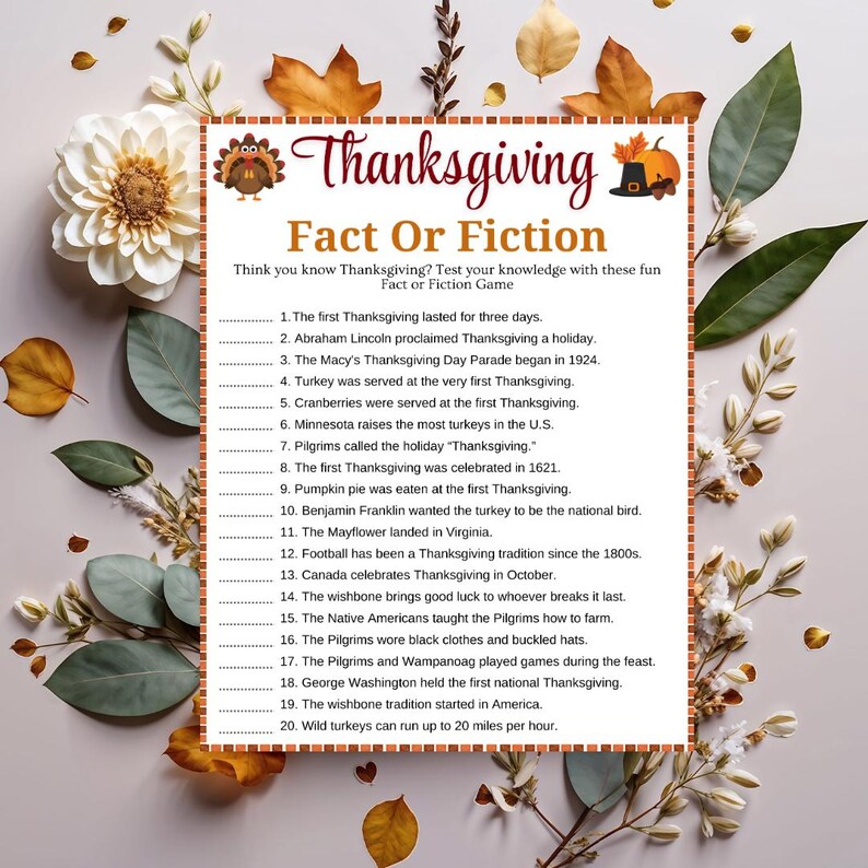 Thanksgiving Fact or Fiction Game, Party Game for Kids & Adults, True ...