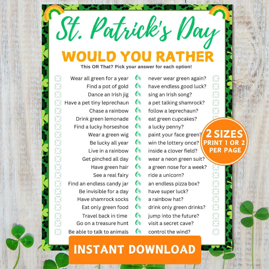 St Patrick's Day Would You Rather Game, Printable This or That Games ...