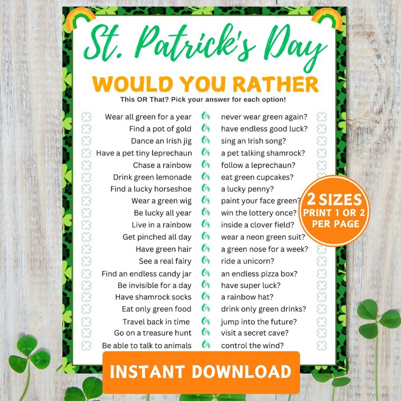St Patrick's Day Would You Rather Game, Printable This or That Games ...