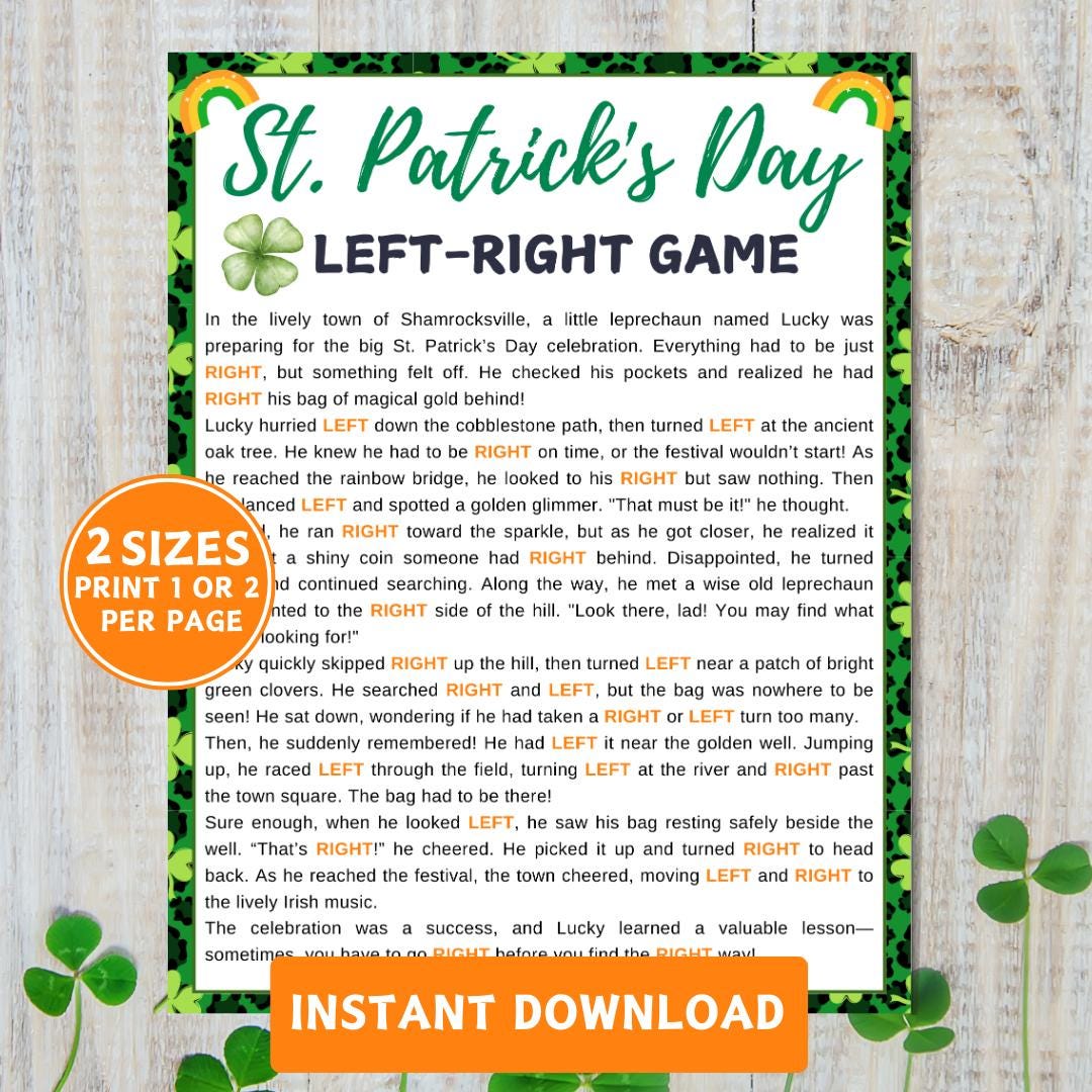 St. Patrick’s Day Left Right Game, Printable Saint Patricks Games, Pass ...