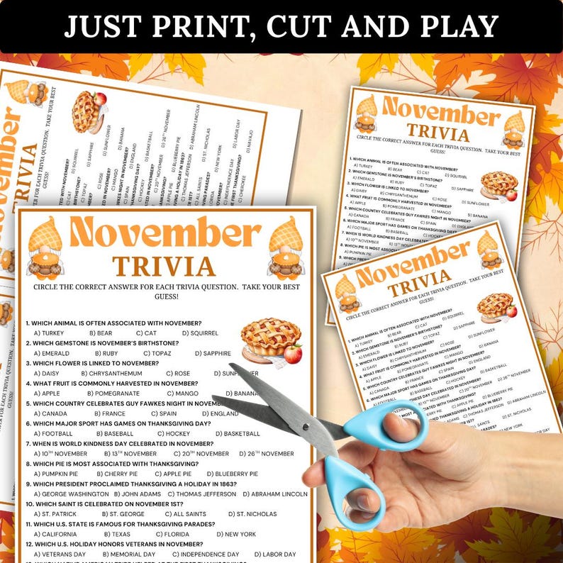 November Trivia Game, Printable November Quiz, Fall Games, Fall Party ...