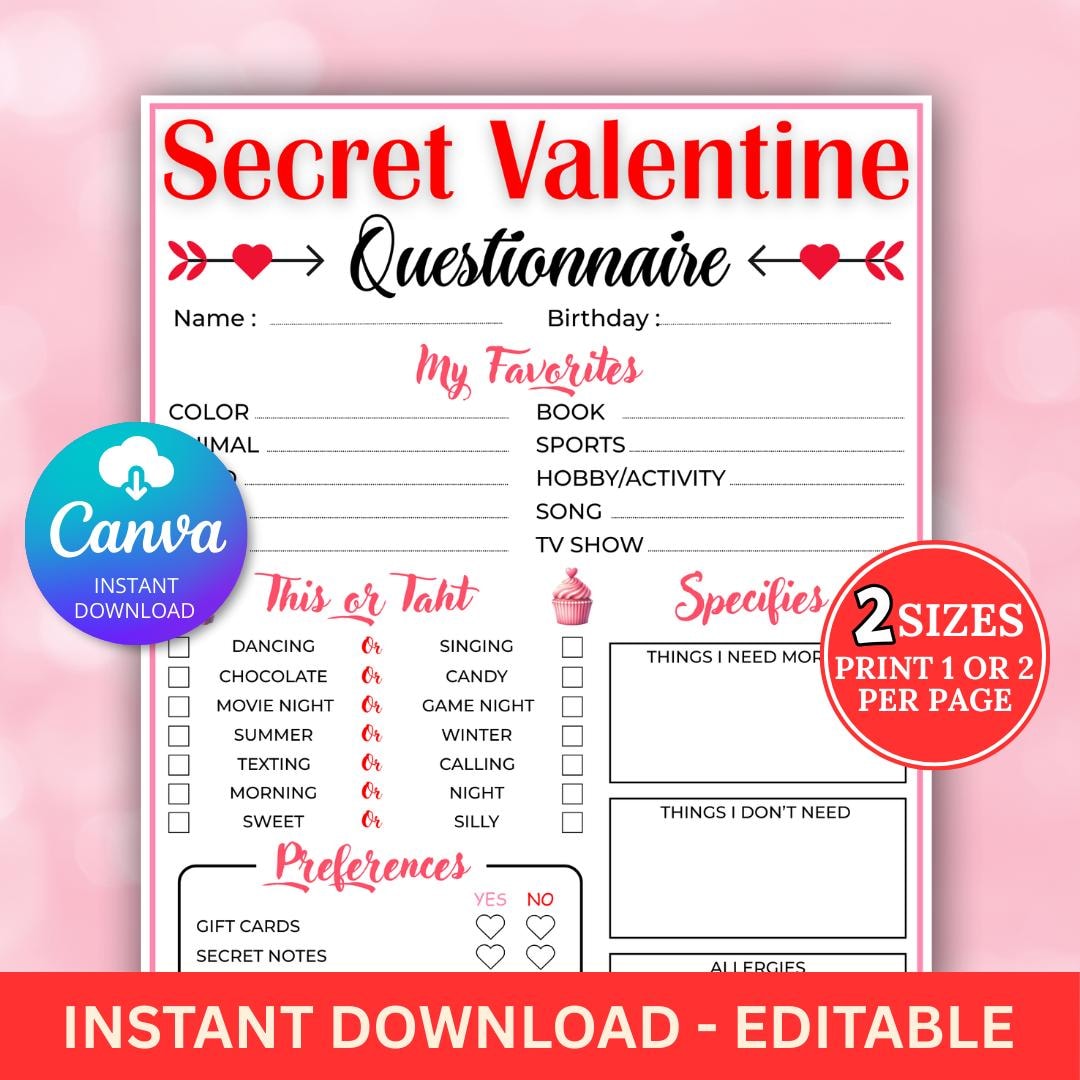 Secret Valentine Questionnaire, Printable Secret Valentine Gift ...