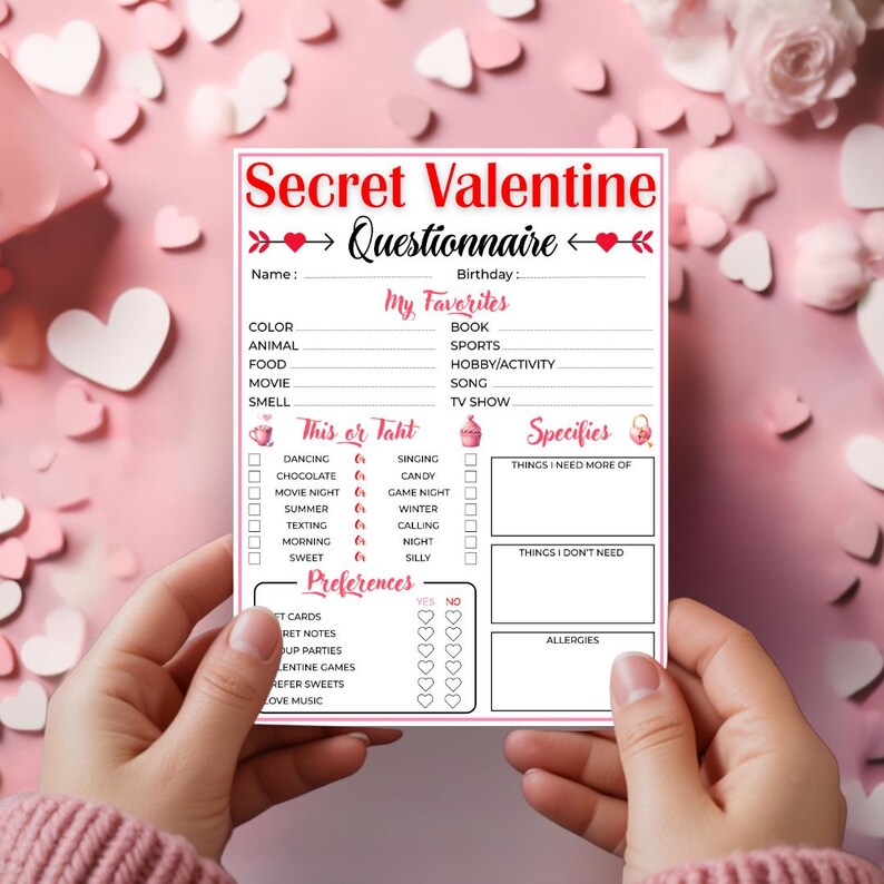 Secret Valentine Questionnaire, Printable Secret Valentine Gift ...