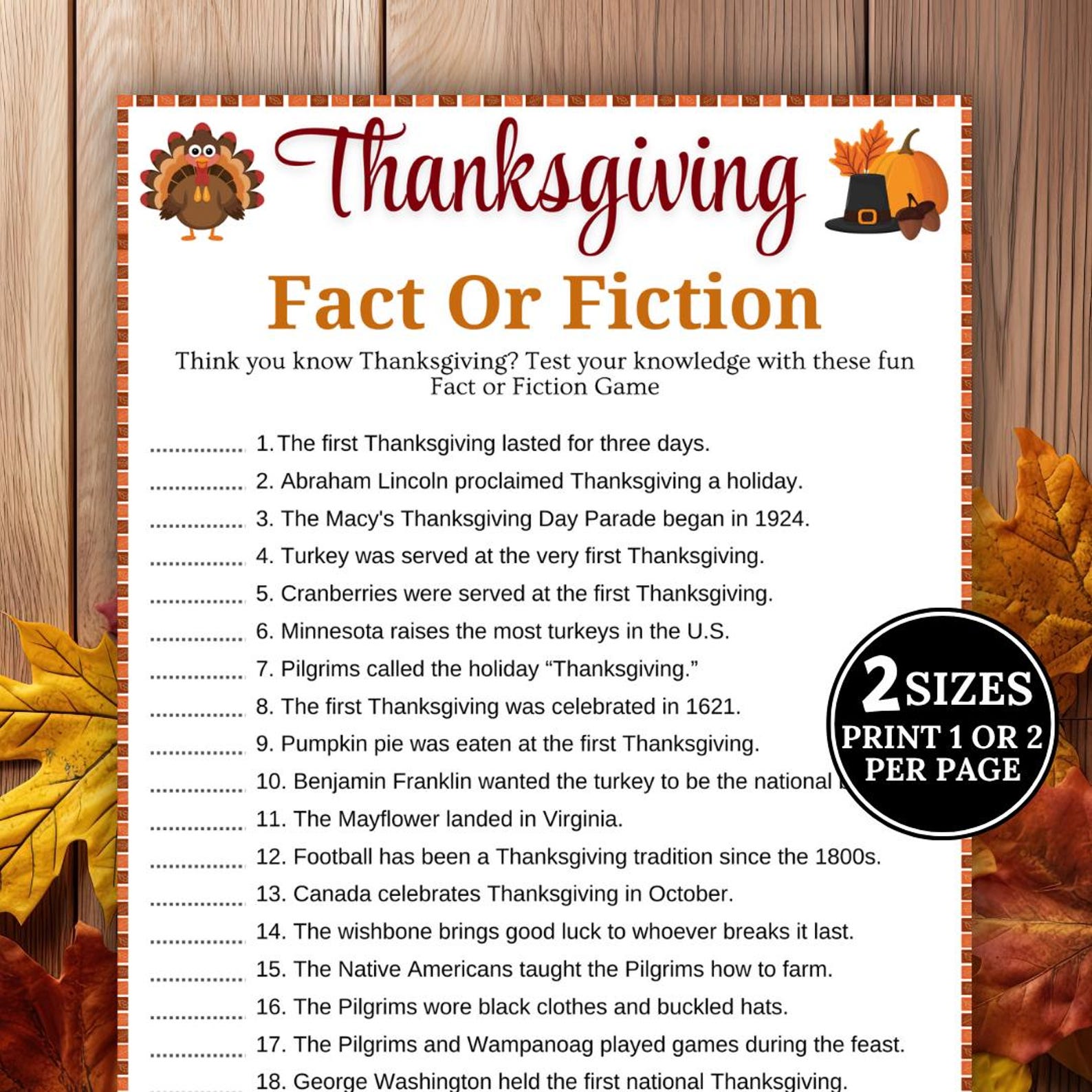 Thanksgiving Fact or Fiction Game, Party Game for Kids & Adults, True ...