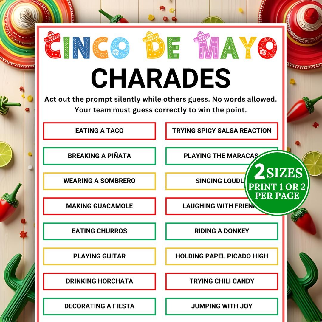 Cinco De Mayo Charades Game, Holiday Party Activity, Fiesta Party Game ...