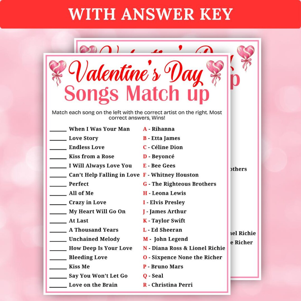 Valentine's Day Love Song Match-up, Valentines Match Game, Valentines ...