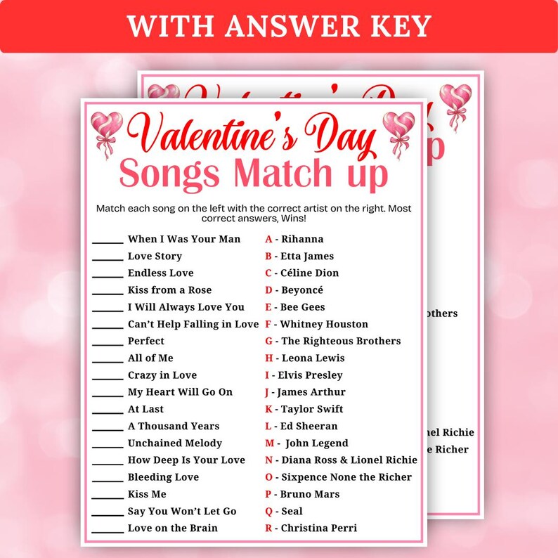 Valentine's Day Love Song Match-up, Valentines Match Game, Valentines ...