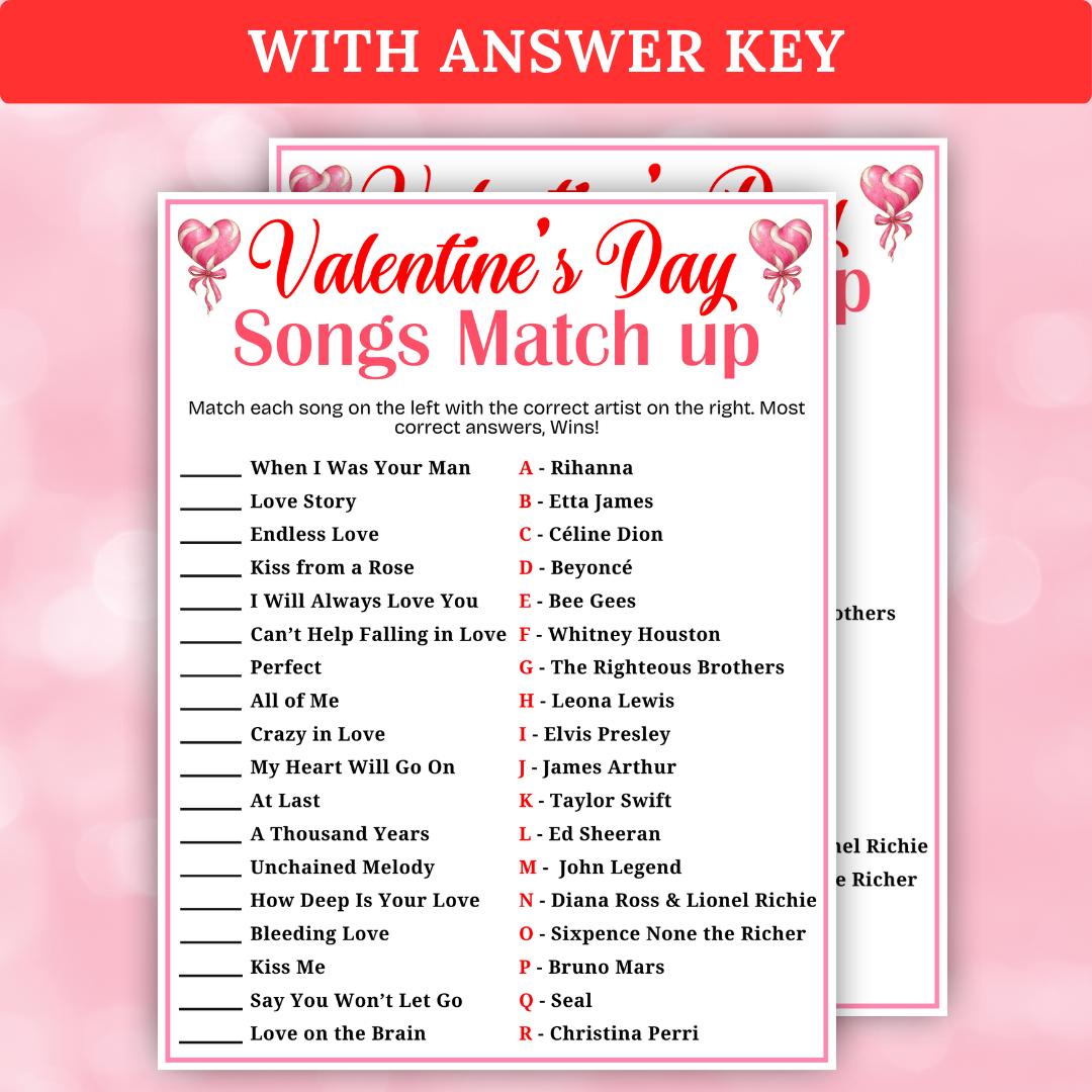 Valentine's Day Love Song Match-up, Valentines Match Game, Valentines ...