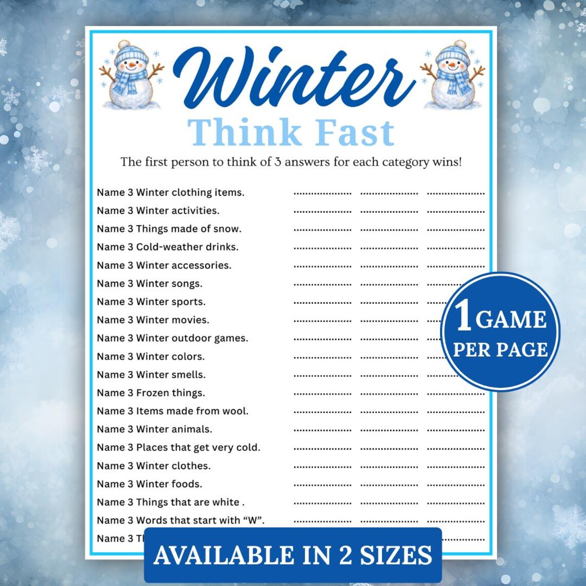 Winter Think Fast Game, Think Quick Game, Trivia Game for Kids & Adults ...