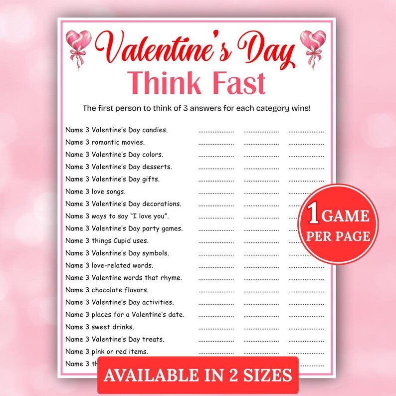 Valentine's Day Think Fast Game, Think Quick, Trivia for Kids & Adults ...