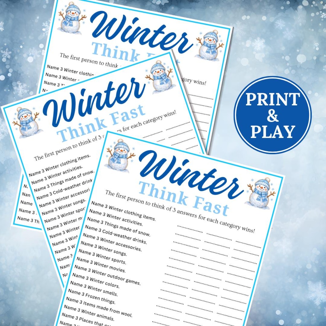 Winter Think Fast Game, Think Quick Game, Trivia Game for Kids & Adults ...